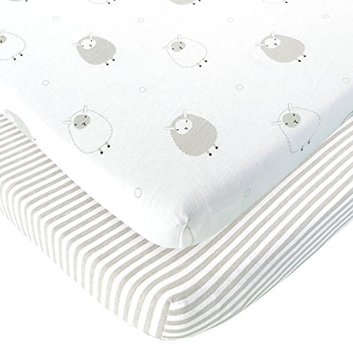 Cuddly Cubs Pack n Play Sheets | 2 Pack Playard Sheet for Baby Girl and Boy | Pure Jersey Cotton Unisex Mini Portable Crib Sheets | Sheep and Stripe in Grey | Compatible with Graco Pack and Play