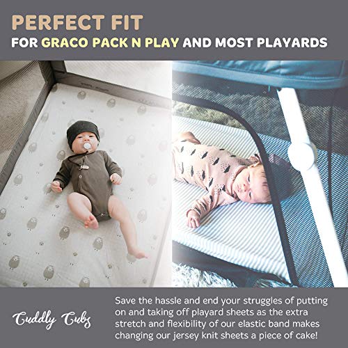 Cuddly Cubs Pack n Play Sheets | 2 Pack Playard Sheet for Baby Girl and Boy | Pure Jersey Cotton Unisex Mini Portable Crib Sheets | Sheep and Stripe in Grey | Compatible with Graco Pack and Play