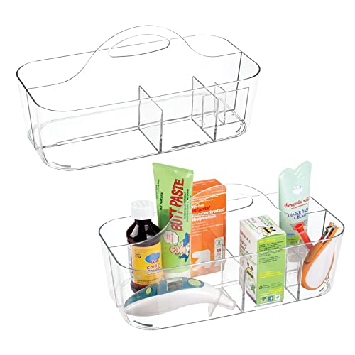 mDesign Plastic Portable Nursery Storage Organizer Caddy Tote - Divided Basket Bin with Handle - Holds Bottles, Spoons, Bibs, Pacifiers, Diapers, Wipes, Baby Lotion, Lumiere Collection, 2 Pack - Clear