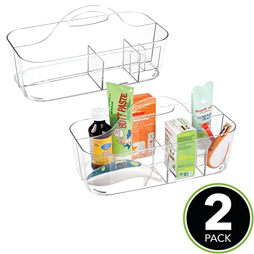 mDesign Plastic Portable Nursery Storage Organizer Caddy Tote - Divided Basket Bin with Handle - Holds Bottles, Spoons, Bibs, Pacifiers, Diapers, Wipes, Baby Lotion, Lumiere Collection, 2 Pack - Clear