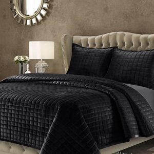 tribeca living velvet queen quilt set, three-piece box stitch bedding set includes one oversized quilt & two sham pillowcases, 260gsm super soft velvet, florence/black