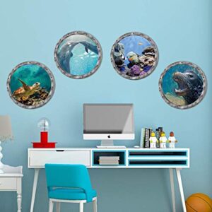 4 PCS Removable 3D Under The Sea Nature Scenery Wall Decals Animals Wall Sticker Home Wall Art Decor for Bathroom Bedroom Door Kids Baby Nursery Room Includ Sea Turtles Dolphins Sea Lions Coral