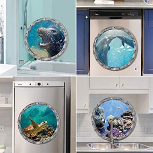 4 PCS Removable 3D Under The Sea Nature Scenery Wall Decals Animals Wall Sticker Home Wall Art Decor for Bathroom Bedroom Door Kids Baby Nursery Room Includ Sea Turtles Dolphins Sea Lions Coral