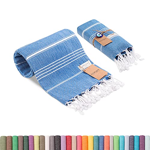 realgrandbazaar Lucky Turkish Towels Beach Towels0 Cotton - Pre Washed, No-Shrink, Quick Dry, Soft 39x71' Large Peshtemal, Turkish Towel, Set can be Made - Goqan (Azure)