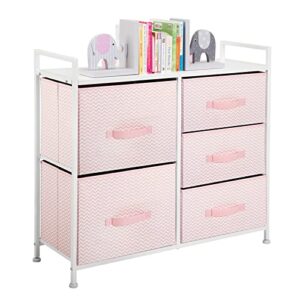 mdesign 30.03" high steel frame/wood top storage dresser furniture unit with 5 removable fabric drawers - tall bureau organizer for bedroom, living room, closet - spira collection - pink/white