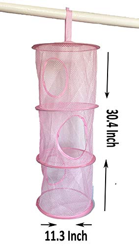 Goldenvalueable Hanging Mesh Space Saver Bags Organizer 3 Compartments Toy Storage Basket for Kids Room organization mesh hanging bag 2 Pcs Set, Pink and Purple