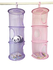 goldenvalueable hanging mesh space saver bags organizer 3 compartments toy storage basket for kids room organization mesh hanging bag 2 pcs set, pink and purple