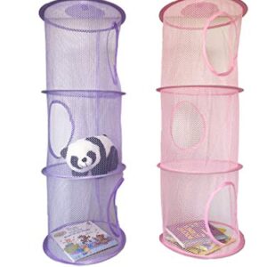 Goldenvalueable Hanging Mesh Space Saver Bags Organizer 3 Compartments Toy Storage Basket for Kids Room organization mesh hanging bag 2 Pcs Set, Pink and Purple