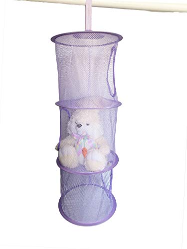 Goldenvalueable Hanging Mesh Space Saver Bags Organizer 3 Compartments Toy Storage Basket for Kids Room organization mesh hanging bag 2 Pcs Set, Pink and Purple