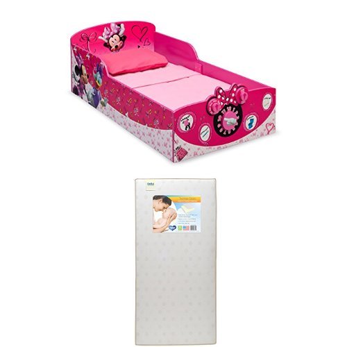 Delta Children Interactive Wood Toddler Bed, Disney Minnie Mouse with Twinkle Stars Crib & Toddler Mattress