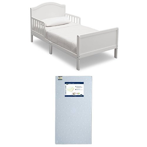 Delta Children Bennett Toddler Bed, Bianca White with Serta Perfect Start Crib and Toddler Mattress