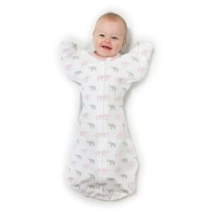 amazing baby transitional swaddle sack with arms up half-length sleeves and mitten cuffs, tiny elephants, pink, medium, 3-6 months, 14-21 lbs (better sleep for baby girls, easy swaddle transition)