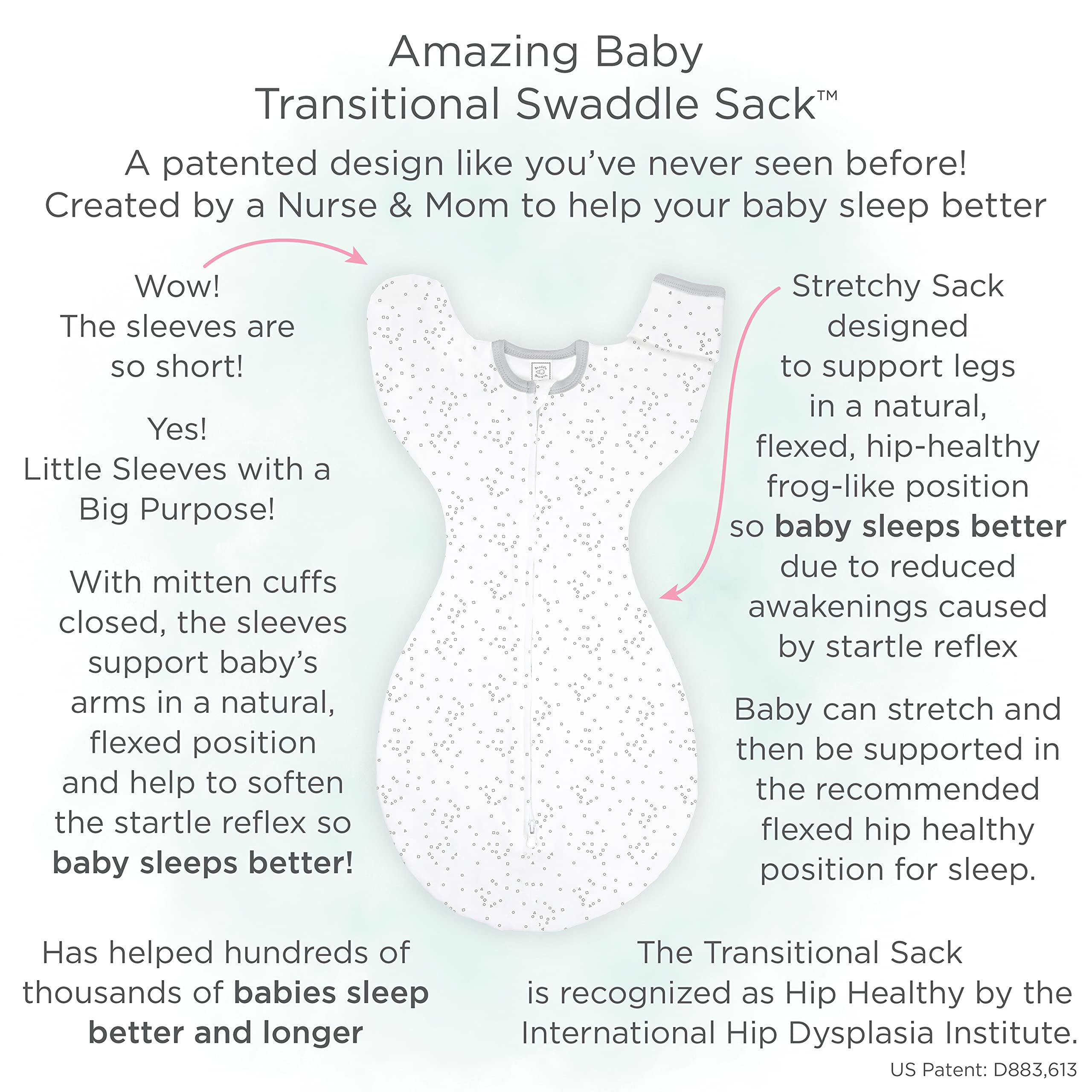 Amazing Baby Transitional Swaddle Sack with Arms Up Half-Length Sleeves and Mitten Cuffs, Tiny Elephants, Pink, Medium, 3-6 months, 14-21 lbs (Better Sleep for Baby Girls, Easy Swaddle Transition)