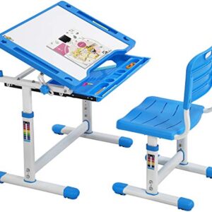 FDW Height Adjustable Multifunctional Children's Study Desk Table Chair Set with Drawer for Kids (Blue)