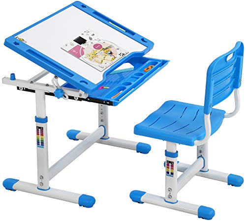 FDW Height Adjustable Multifunctional Children's Study Desk Table Chair Set with Drawer for Kids (Blue)