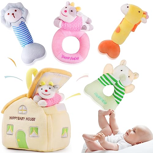 iPlay, iLearn 4 Plush Baby Soft Rattle Toys, Hand Grab Sensory Shaker, Farm Stuffed Animal Set, Infant Easter Basket Girls, Unique Newborn Shower Gifts for 2 3 6 9 12 18 Month 1 Year Old Boys Toddlers