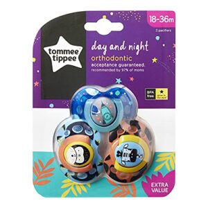 Tommee Tippee Day and Night Pacifiers, Symmetrical Design, BPA-Free Silicone Binkies, 18-36m, 3-Count, Colors and Designs May Vary