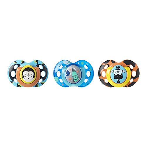 Tommee Tippee Day and Night Pacifiers, Symmetrical Design, BPA-Free Silicone Binkies, 18-36m, 3-Count, Colors and Designs May Vary