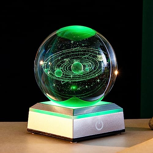 ERWEI 3D Solar System Model Crystal Ball 3.15" Laser Engraved Universe Planets Globe with Led Light Base Science Astronomy Gifts Educational Space Gift Kids Solar System Toys