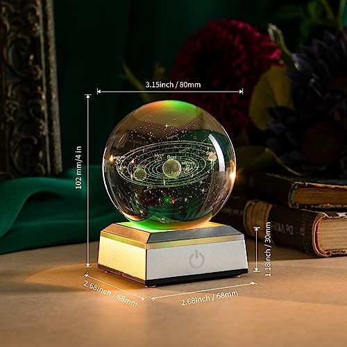 ERWEI 3D Solar System Model Crystal Ball 3.15" Laser Engraved Universe Planets Globe with Led Light Base Science Astronomy Gifts Educational Space Gift Kids Solar System Toys