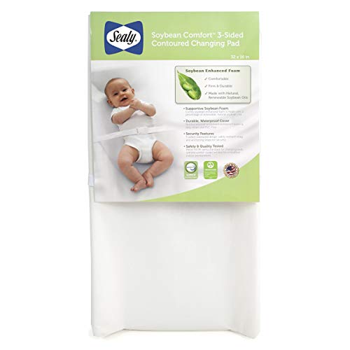 Sealy Soybean Comfort 3-Sided Waterproof Contoured Baby Diaper Changing Pad for Dresser or Changing Table - White, 32” x 16”