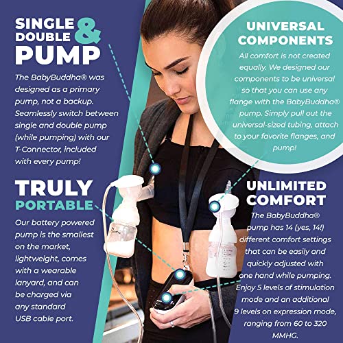 BabyBuddha Breast Pump - Portable & Compact with 15 Levels of Control - Battery Powered Electric & Hands Free - Quiet Single & Double Pump - Mobility While Comfortably Pumping - Universal Components