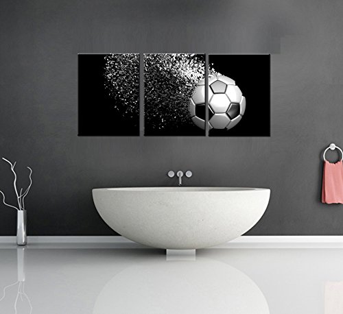 Meiji Black and White Splash Soccer Football Balls Wall Art Posters Prints on Wrapped Frames 3 Pieces for Boys Kids Gifts Room Decoration Ready to Hang,12x16inchx3 (White)