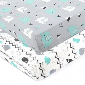 stretchy fitted crib sheets set brolex 2 pack portable crib mattress topper for baby boys girls,ultra soft jersey,full standard,elephant & whale