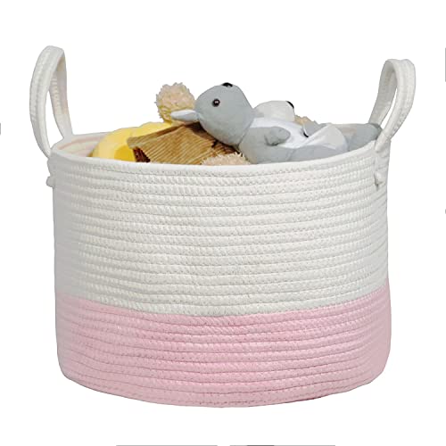 Extra Large Pink Baby Girls Boho Storage Baskets Woven Cotton Rope Nursery Laundry Baskets Bins with Handles Clothes Diapers Hamper Pets Organizer Basket