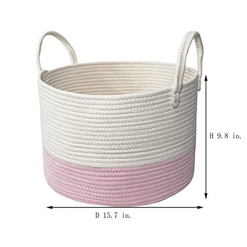 Extra Large Pink Baby Girls Boho Storage Baskets Woven Cotton Rope Nursery Laundry Baskets Bins with Handles Clothes Diapers Hamper Pets Organizer Basket