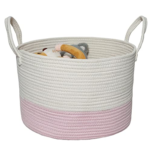 Extra Large Pink Baby Girls Boho Storage Baskets Woven Cotton Rope Nursery Laundry Baskets Bins with Handles Clothes Diapers Hamper Pets Organizer Basket