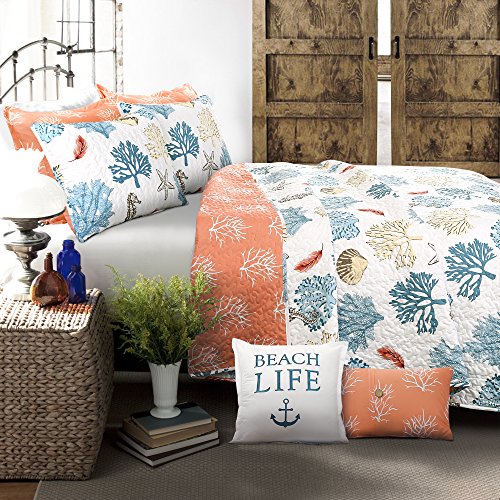 Lush Decor Full Queen-Blue and Coral Coastal Reef Quilt-Reversible 7 Piece Bedding Set with Feather Seashell Design