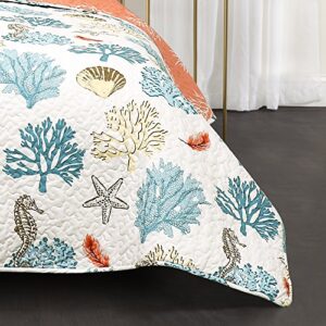 Lush Decor Full Queen-Blue and Coral Coastal Reef Quilt-Reversible 7 Piece Bedding Set with Feather Seashell Design