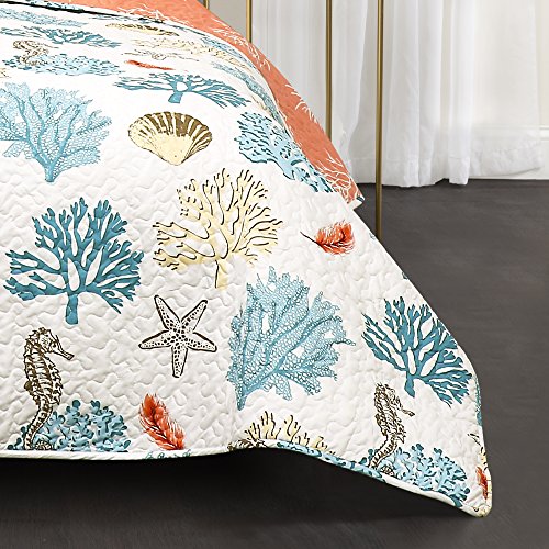 Lush Decor Full Queen-Blue and Coral Coastal Reef Quilt-Reversible 7 Piece Bedding Set with Feather Seashell Design