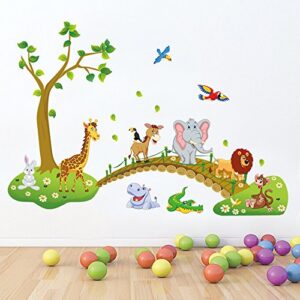 decalmile jungle animals tree wall stickers lion giraffe elephant walking on bridge wall decals kids room baby room nursery bedroom wall decor(finished size: 48.8 inch x 31 inch)