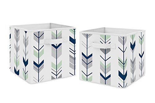 Sweet Jojo Designs Navy Blue and Mint Woodland Mod Arrow Foldable Fabric Storage Cube Bins Boxes Organizer Toys Kids Baby Childrens for Collection Set of 2