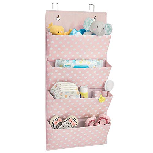 mDesign Soft Fabric Wall Mount/Over Door Vertical Hanging Storage Organizer Center - 4 Large Pockets for Baby Child/Kids Bedroom, Nursery, Playroom, Closet - Pink/White Polka Dot