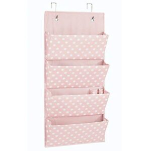 mDesign Soft Fabric Wall Mount/Over Door Vertical Hanging Storage Organizer Center - 4 Large Pockets for Baby Child/Kids Bedroom, Nursery, Playroom, Closet - Pink/White Polka Dot