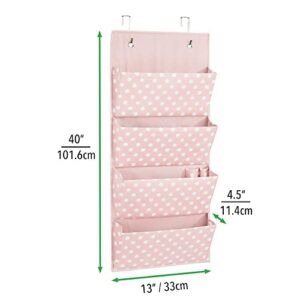 mDesign Soft Fabric Wall Mount/Over Door Vertical Hanging Storage Organizer Center - 4 Large Pockets for Baby Child/Kids Bedroom, Nursery, Playroom, Closet - Pink/White Polka Dot