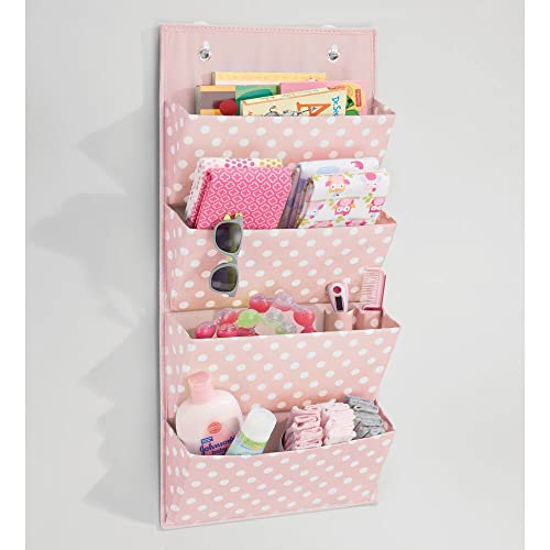 mDesign Soft Fabric Wall Mount/Over Door Vertical Hanging Storage Organizer Center - 4 Large Pockets for Baby Child/Kids Bedroom, Nursery, Playroom, Closet - Pink/White Polka Dot