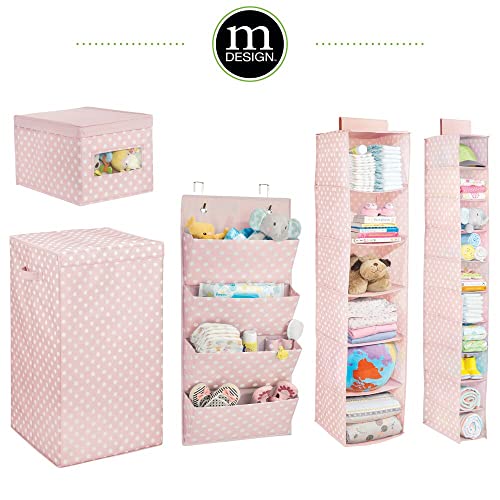 mDesign Soft Fabric Wall Mount/Over Door Vertical Hanging Storage Organizer Center - 4 Large Pockets for Baby Child/Kids Bedroom, Nursery, Playroom, Closet - Pink/White Polka Dot