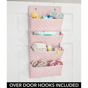 mDesign Soft Fabric Wall Mount/Over Door Vertical Hanging Storage Organizer Center - 4 Large Pockets for Baby Child/Kids Bedroom, Nursery, Playroom, Closet - Pink/White Polka Dot