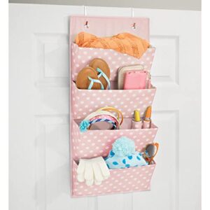 mDesign Soft Fabric Wall Mount/Over Door Vertical Hanging Storage Organizer Center - 4 Large Pockets for Baby Child/Kids Bedroom, Nursery, Playroom, Closet - Pink/White Polka Dot