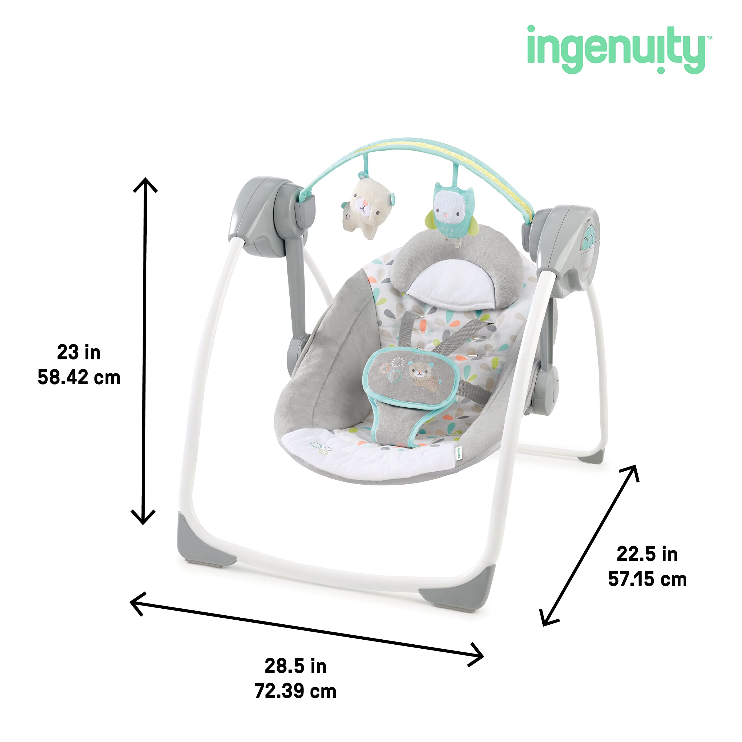 Ingenuity Comfort 2 Go Compact Portable 6-Speed Cushioned Baby Swing with Music, Folds Easy, 0-9 Months 6-20 lbs (Fanciful Forest)