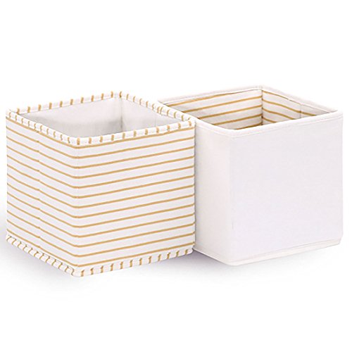 Baby Nursery Storage Cloth Totes/Bins 2-Pack in White and Gold Stripes and Solids - 7 Inch Collapsible Foldable Fabric Cubes for Nursery, Home, or Office Organizer