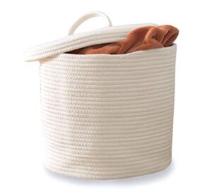 cotton rope storage basket with lid | large woven baskets and handles 15" x 13" | for nursery, laundry, white round hamper, home living room floor, toy organizing bins, blanket, pillow and big