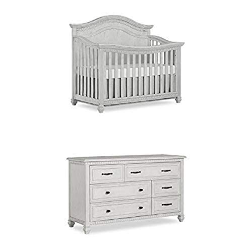 Evolur Madison 5, 1 Curved Top Convertible Crib, Antique Grey Mist with Double Dresser