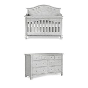 evolur cheyenne 5 in 1 full panel convertible crib, antique grey mist with double-dresser