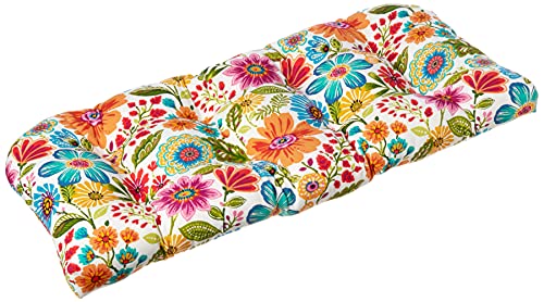 Pillow Perfect Bright Floral Outdoor Wicker Patio Sofa Setee Swing Cushion, Tufted, Weather, and Fade Resistant, Round Corner - 19" x 44", Blue/Purple Gregoire, 1 Count