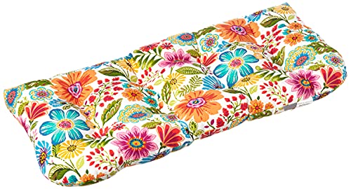 Pillow Perfect Bright Floral Outdoor Wicker Patio Sofa Setee Swing Cushion, Tufted, Weather, and Fade Resistant, Round Corner - 19" x 44", Blue/Purple Gregoire, 1 Count